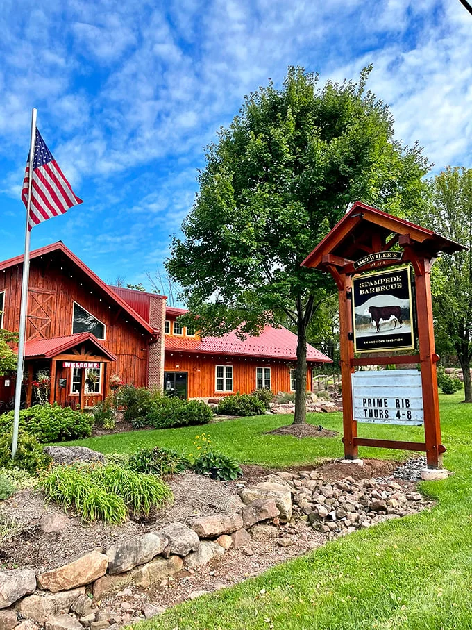 Welcome to meat paradise! This rustic barn-like exterior promises smoky delights that'll make your taste buds do a happy dance.