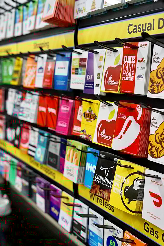A wall of possibilities! These gift cards are like keys to a kingdom of experiences, all within arm's reach and budget.