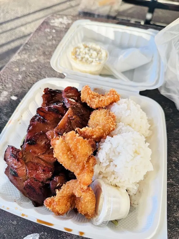 The ultimate surf and turf, island style. This combo plate is like a luau for your mouth – no grass skirt required.