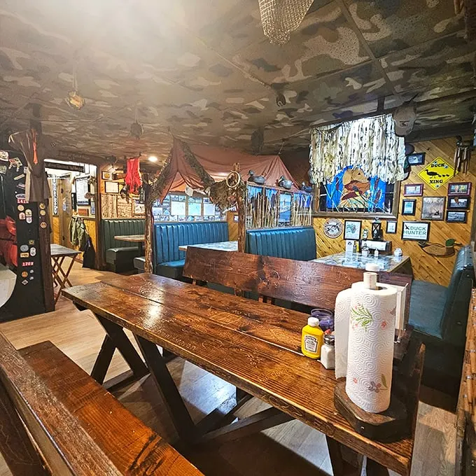 Welcome to the coziest corner of flavor town! This dining area feels like a warm hug from your favorite aunt – quirky, comforting, and full of character.