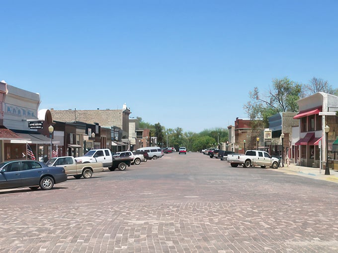 Midday on Broadway Street offers the perfect small-town tableau—historic buildings, brick streets, and not a chain store in sight.