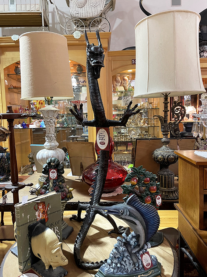 Holy kitsch, Batman! This menagerie of lamps and figurines is a pop culture fever dream. It's like your eccentric aunt's living room exploded in the best way possible.