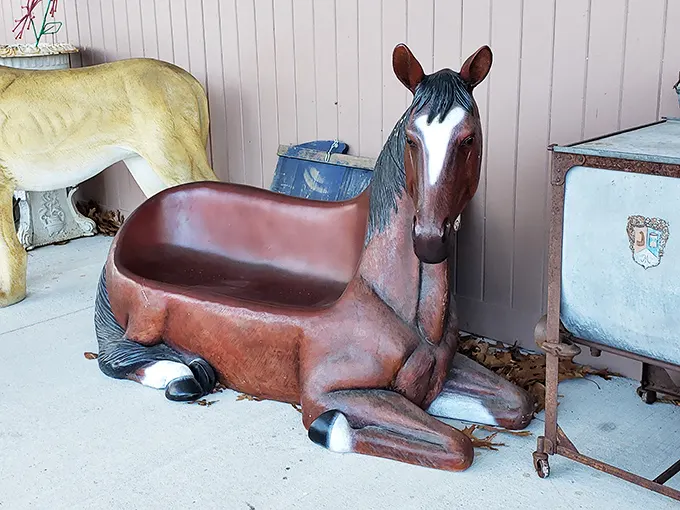 Giddy up and take a seat! This quirky horse bench is the perfect spot to saddle up and rest your weary legs after a day of treasure hunting.
