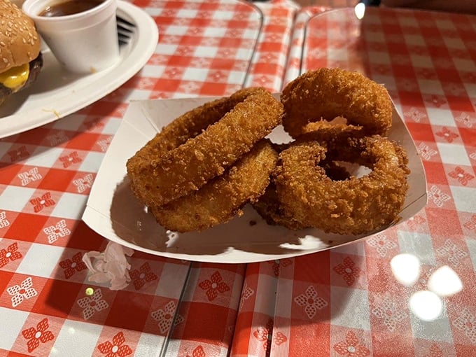 Onion rings or edible halos? These golden circles of joy are so crispy, they practically sing when you bite into them.