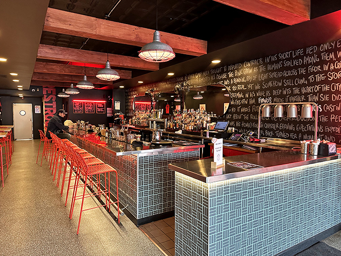 Pull up a stool and prepare for flavor! This bar area isn't just serving drinks; it's dishing out burger dreams and friendly banter.