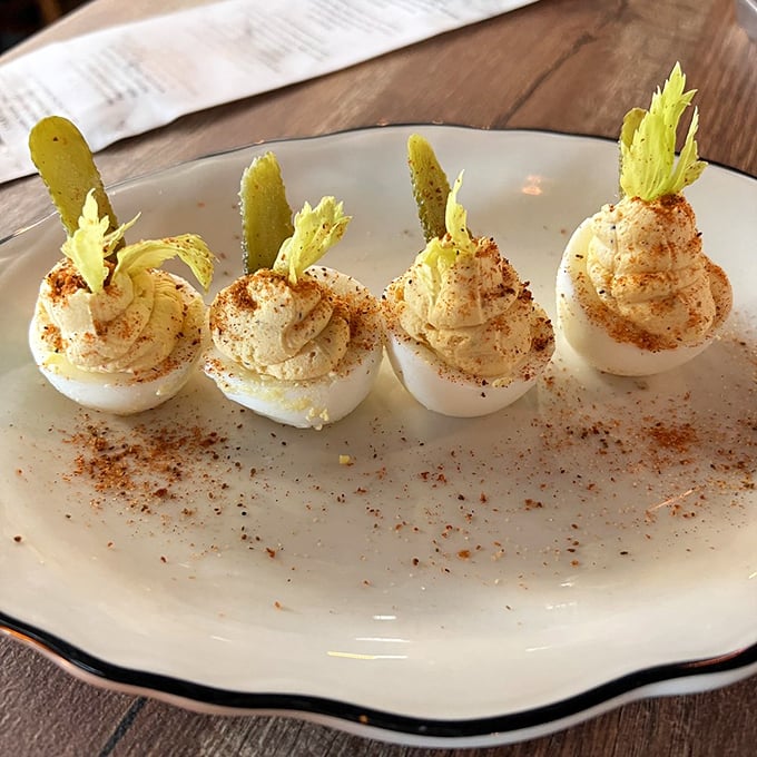 These aren't your grandma's deviled eggs – unless your grandma was a gourmet pirate. Devilishly delicious and dressed to impress!