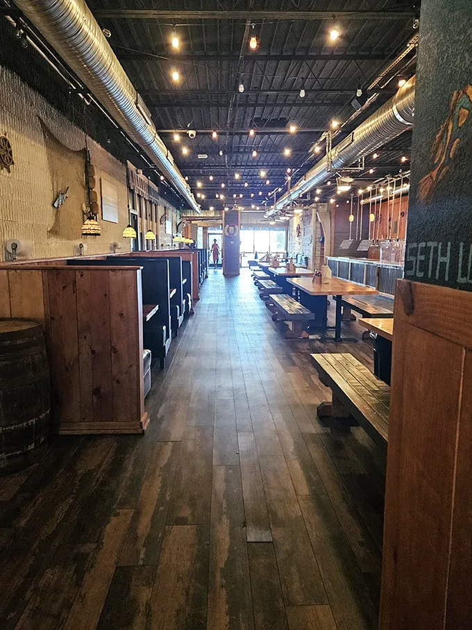 Welcome aboard the S.S. Delicious! This dining area's got more wood than a pirate ship and twice the booty.