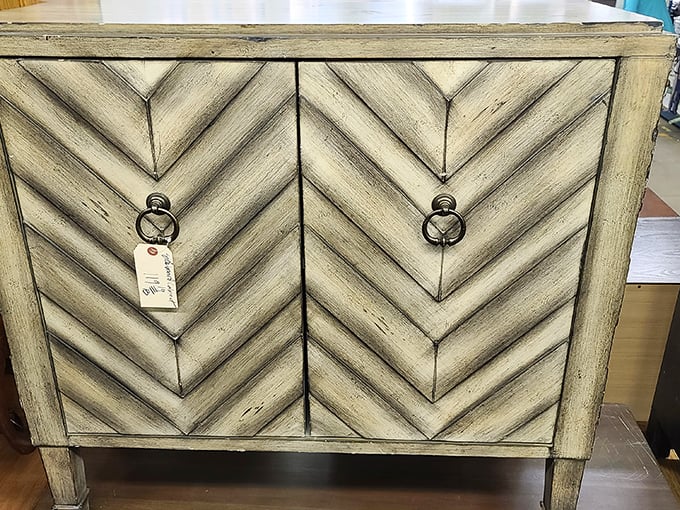 This distressed chevron cabinet isn't just furniture—it's the conversation piece your dining room has been silently begging for.