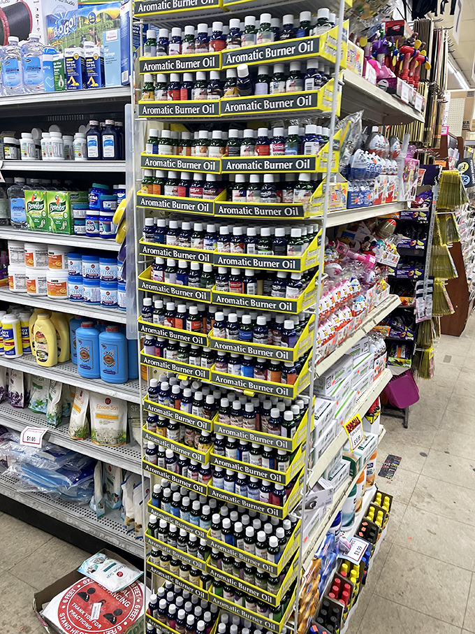 Aromatic overload! This burner oil display is a feast for the senses, offering enough scents to perfume a small country (or mask any mysterious odors).