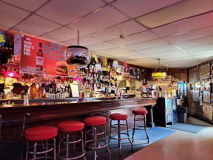 This isn't just a bar, it's a museum of good times. Each bottle tells a story, and the red stools are ready for your chapter.