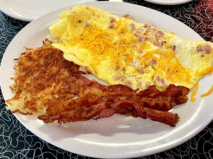 Omelette you finish, but this might be the best breakfast of all time. Cheesy, meaty, and oh-so-satisfying!
