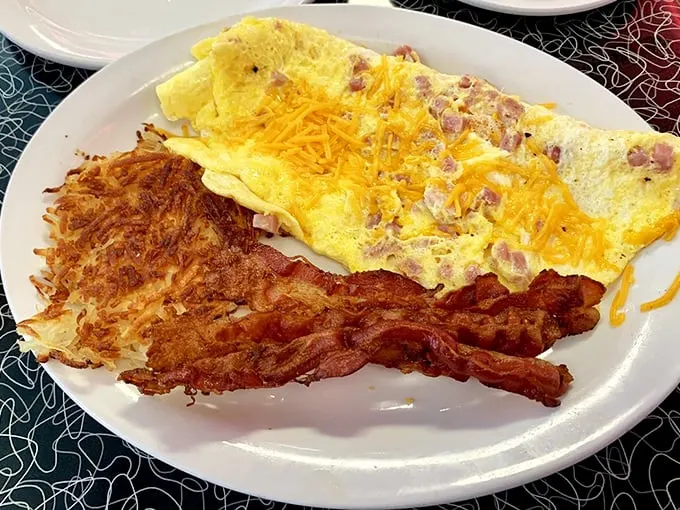 Omelette you finish, but this might be the best breakfast of all time. Cheesy, meaty, and oh-so-satisfying!