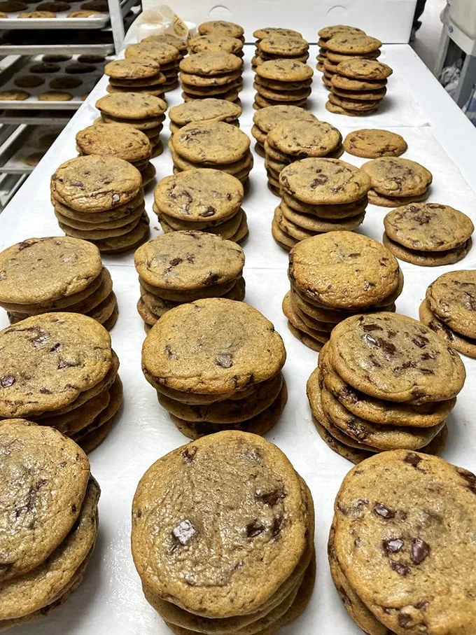 Cookie monsters, rejoice! These chocolate chip beauties are stacked higher than a Jenga tower and twice as tempting.