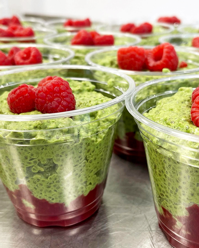 Matcha raspberry chia puddings: The breakfast that's almost too pretty to eat. Almost. These vibrant cups are like edible modern art.