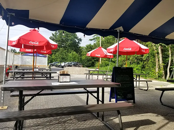 Al fresco dining, Wild Willy's style. Who needs a fancy patio when you've got picnic tables and Coca-Cola umbrellas?