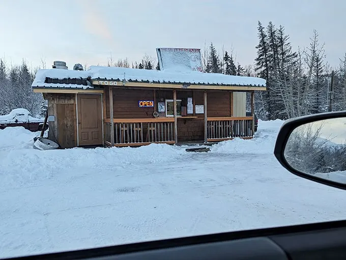 Brrrr-ger time! Even in the depths of winter, this cozy shack beckons with the promise of warm, hearty eats.