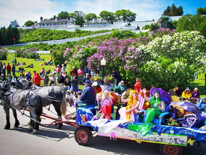 Lilacs and horse-drawn floats: Mackinac's idea of a traffic jam. It's like a parade and a garden party had a beautiful, blooming baby.