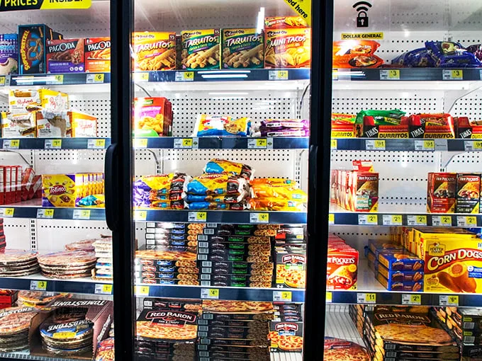 Frozen food fantasies behind glass doors – where convenience meets affordability in a frosty display of mealtime possibilities.