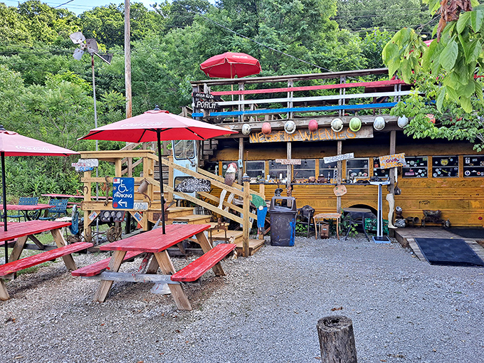 Picnic tables and umbrellas galore! It's like your childhood treehouse grew up and decided to serve gourmet hot dogs.