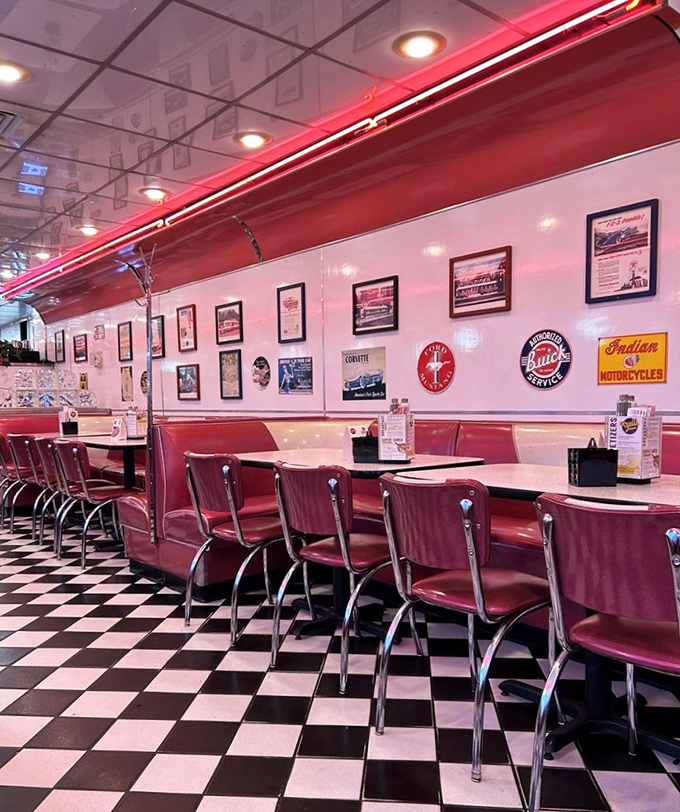 Red booths, chrome accents, and walls adorned with nostalgia. It's not just a meal, it's a trip down memory lane with a side of fries.