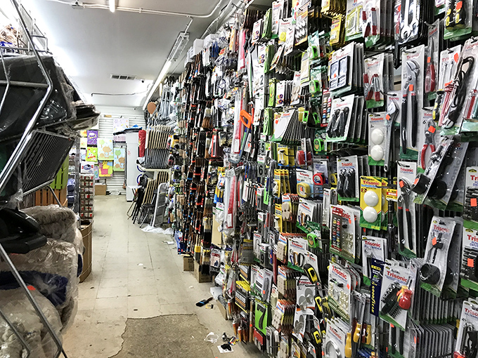 Tool time bonanza! This wall of gadgets and gizmos is a DIY enthusiast's dream – or a great place to find that one weird tool you need once a year.