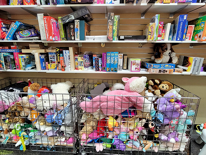 Stuffed animals galore! These wire bins contain childhood companions waiting for their next adventure—each with a history and ready for a future.
