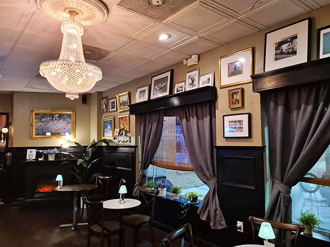 Wall-to-wall charm! This decor is like your cool grandma's living room, but with better lighting and a fully stocked bar.