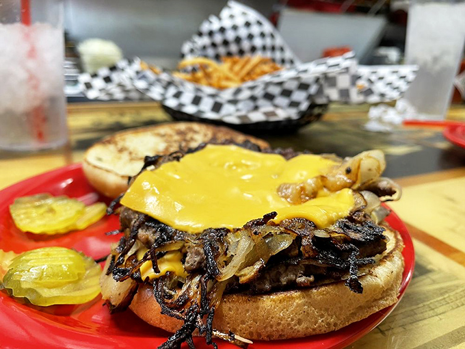 Meet the Double Cheese Oklahoma Burger: a tower of flavor that'll make your taste buds do a happy dance.