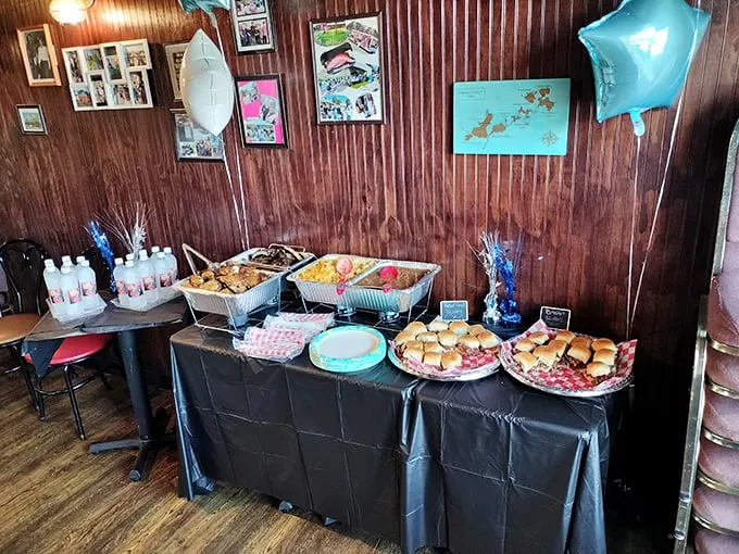 Behold, the buffet of champions! It's like Willy Wonka's factory, but replace the chocolate with BBQ. Augustus Gloop would approve.