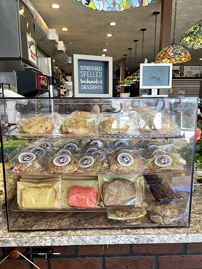 "Stressed spelled backward is desserts"—a sign that gives you permission to indulge in cookies and sweetness.