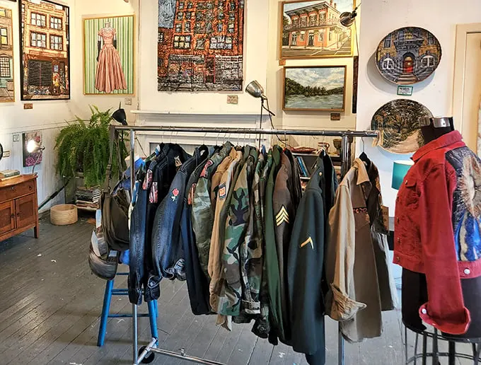 A rack of jackets that's seen more action than James Bond's closet. Each one a portal to a different era – choose your adventure!