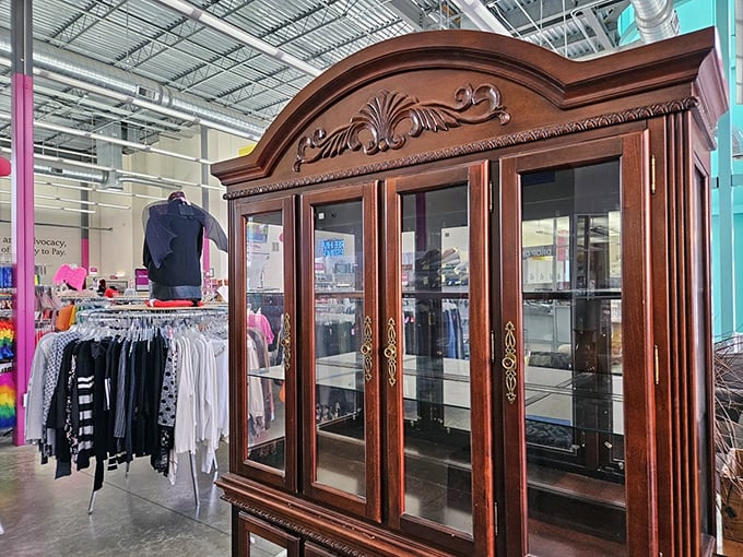 This majestic cabinet has lived more lives than most of us—from formal dining room showpiece to thrift store gem waiting for its next chapter.