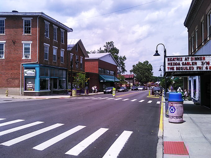 Downtown Yellow Springs: where traffic stops for pedestrians not because it's the law, but because everyone's probably friends anyway.