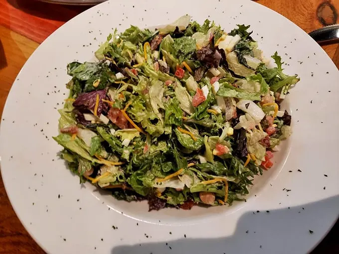 Even the salad looks like it's having a good time here—a colorful supporting actor that doesn't mind letting the burgers and mac take center stage.