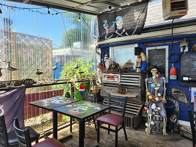 A patio that's part tiki bar, part pirate's cove, and all charm. It's the perfect spot to enjoy your seafood with a side of sea breeze.