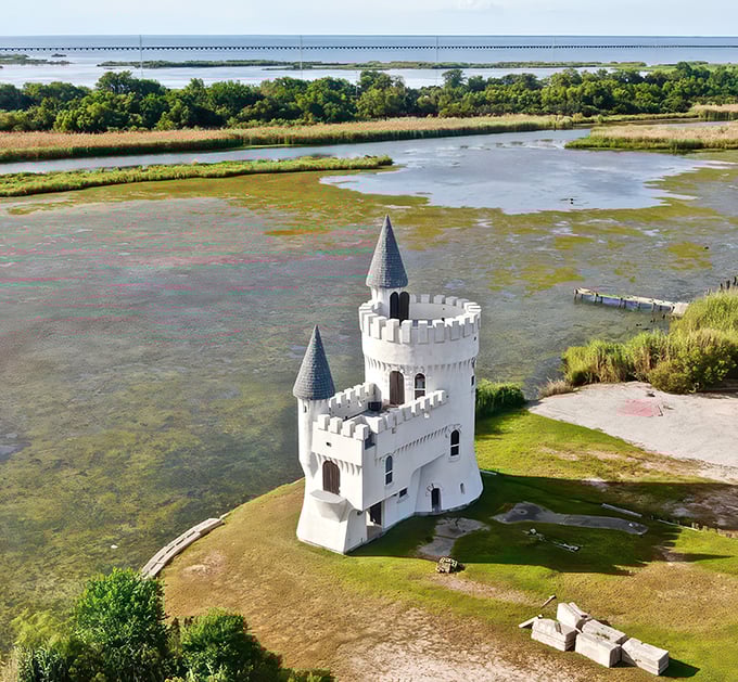Castle in the clouds? Not quite, but this aerial shot shows off the Fisherman's Castle in all its glory, surrounded by the wild beauty of the bayou.