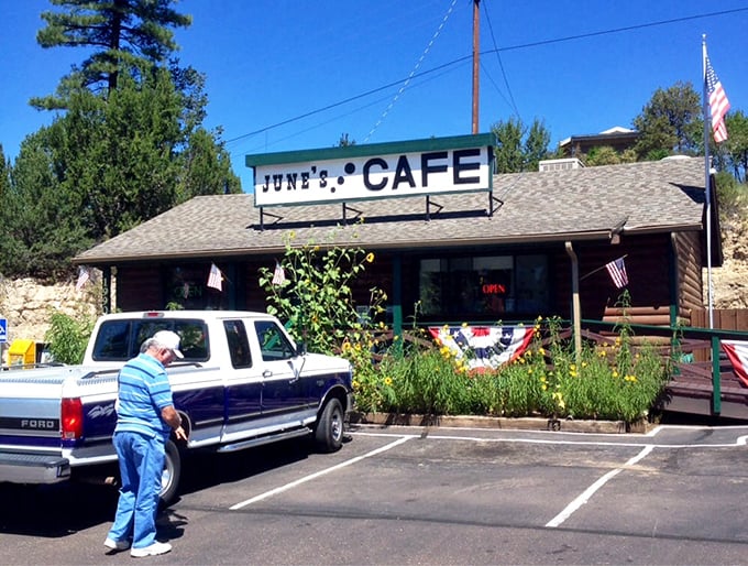 Even the parking lot at June's has character – where pickup trucks and SUVs gather like hungry animals at a delicious watering hole.
