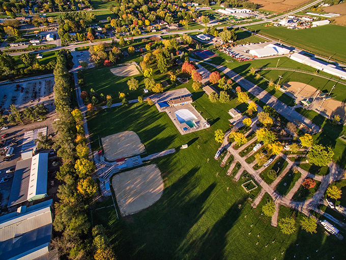 Fields of dreams: This aerial view showcases Kalona's perfect blend of small-town charm and wide-open spaces. Kevin Costner, eat your heart out!
