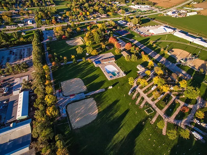 Fields of dreams: This aerial view showcases Kalona's perfect blend of small-town charm and wide-open spaces. Kevin Costner, eat your heart out!