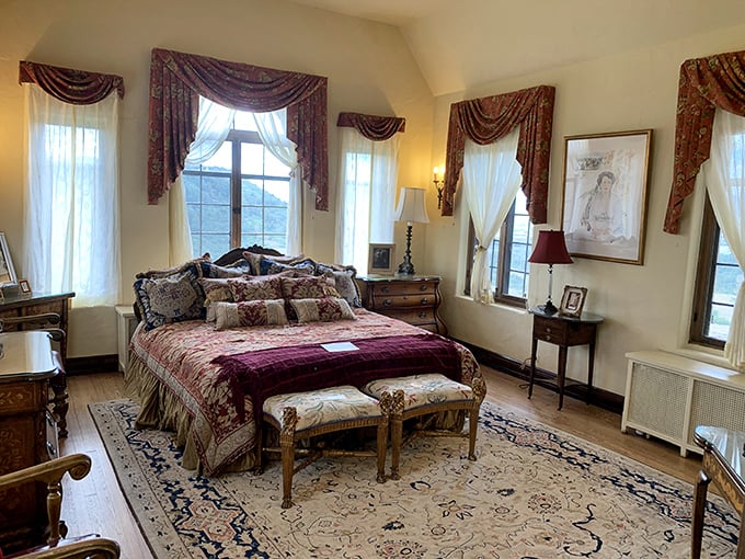 Sleep like royalty in this bedroom fit for a king (or queen). Just don't expect the suits of armor to bring you breakfast in bed!