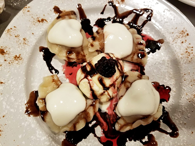 This isn't just a dessert—it's a golden disc of comfort topped with sweet cream and chocolate syrup. Grandmothers everywhere are nodding in approval.