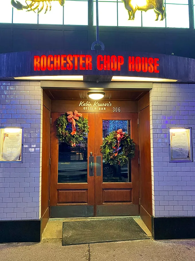 Open sesame to seafood nirvana! These doors, adorned with festive wreaths, are your portal to a world where butter flows freely and lobsters reign supreme.