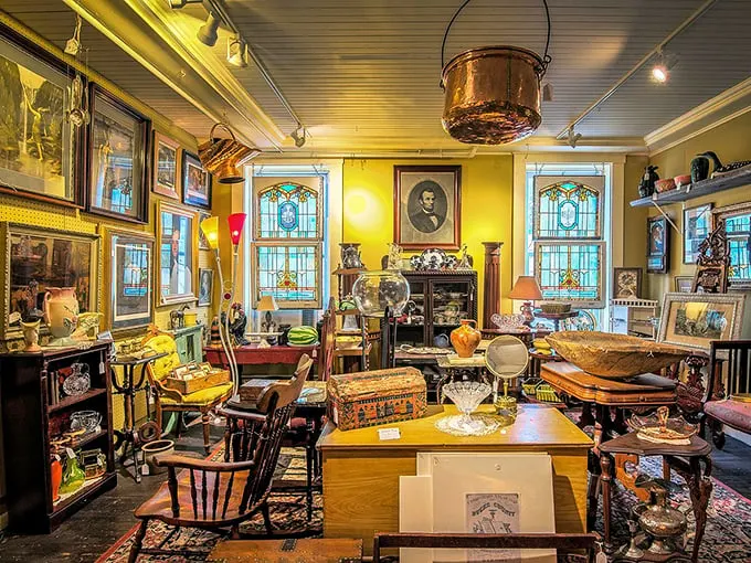 Step into a room that's part curiosity shop, part time portal. Is that Abe Lincoln judging your antique-buying choices from that portrait?