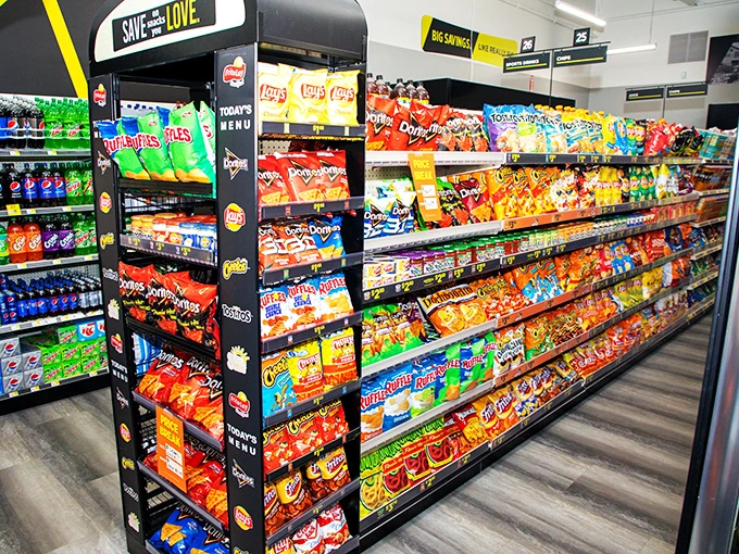 The snack aisle – a technicolor testament to America's love affair with crunch, salt, and the perfect road trip companion.