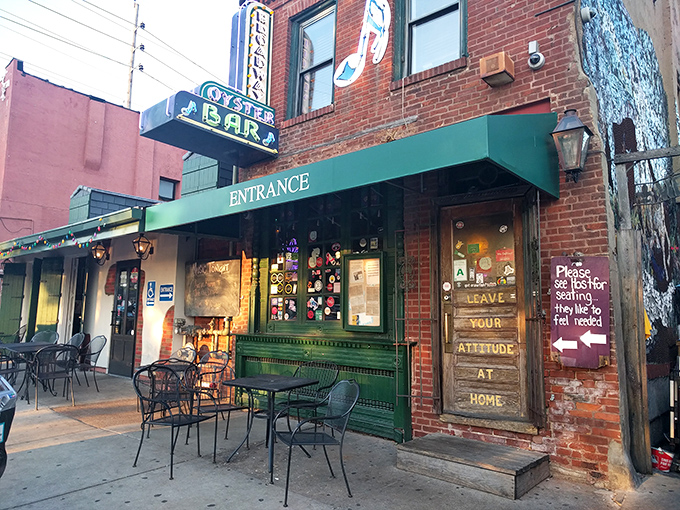 Broadway Oyster Bar: "Sticker-covered door, neon lights, and seafood that's outta sight! It's like Mardi Gras decided to vacation in Missouri."