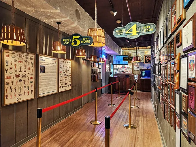 Step into a maritime treasure trove! The interior is a delightful mishmash of nautical knick-knacks and seafood charts – it's like Neptune's garage sale.