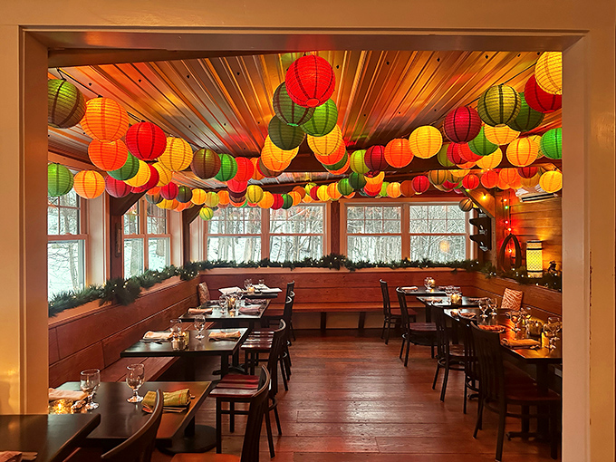 Step into a kaleidoscope of culinary delight! Krista's dining room dazzles with vibrant lanterns, creating an atmosphere as warm as their welcome.