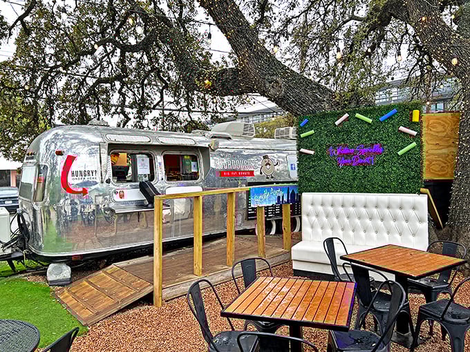 Outdoor seating fit for royalty – if royalty wore stretchy pants. Gourdough's al fresco dining area is perfect for people-watching and donut-devouring.