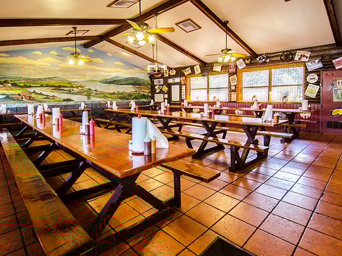 Step into BBQ heaven! This cozy dining room, with its rustic charm and mouthwatering aromas, feels like a warm hug for your senses.
