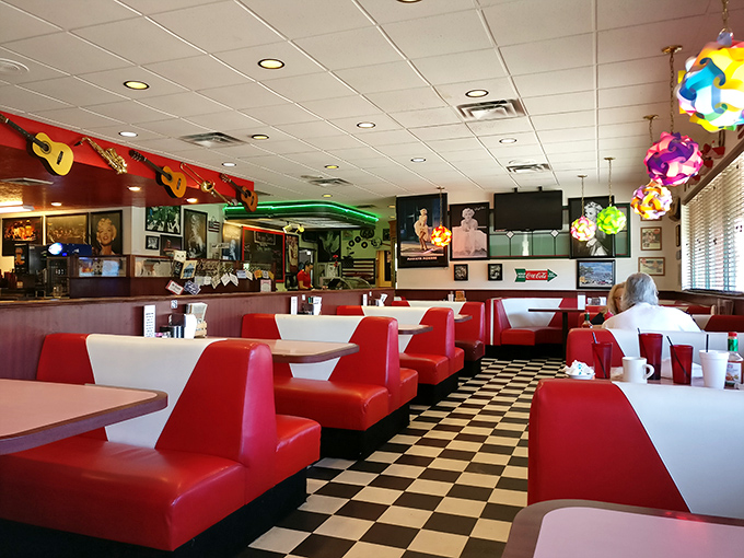 Step inside and let the nostalgia wash over you. With its cherry-red booths and checkered floor, this diner is serving up ambiance with a side of rock 'n' roll.